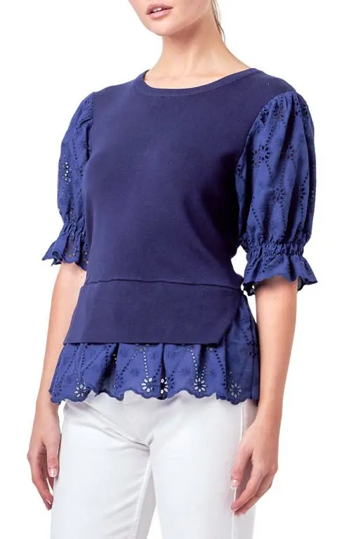 English Factory Mixed Media Eyelet Puff Sleeve Peplum Top