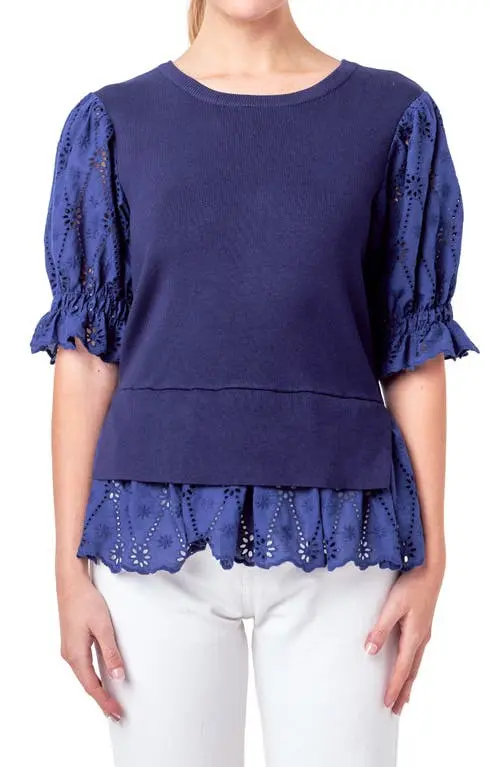 English Factory Mixed Media Eyelet Puff Sleeve Peplum Top