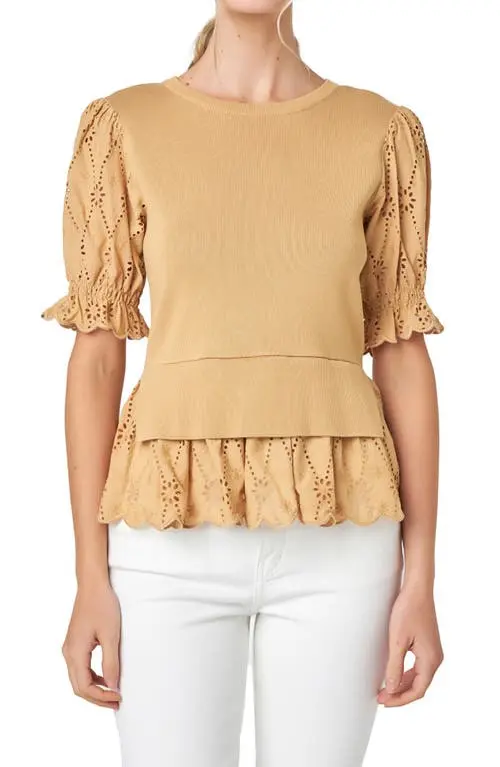 English Factory Mixed Media Eyelet Puff Sleeve Peplum Top