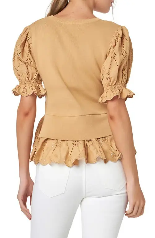 English Factory Mixed Media Eyelet Puff Sleeve Peplum Top