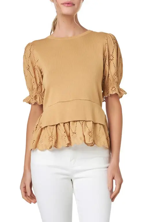 English Factory Mixed Media Eyelet Puff Sleeve Peplum Top