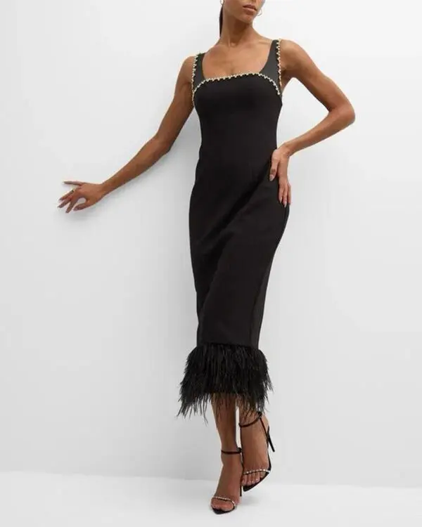 Likely Georgie Rhinestone-trim Sleeveless Feather-hem Midi Dress