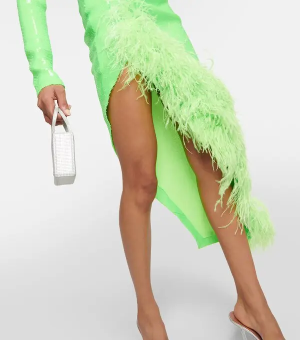 David Koma Sequined Feather-trimmed Midi Dress