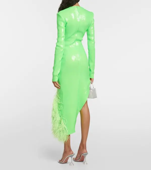 David Koma Sequined Feather-trimmed Midi Dress