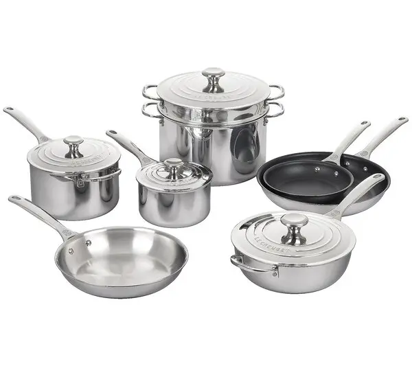 LE CREUSET 12-piece Stainless Steel Set W/ Nons Tick Frypans - Silver