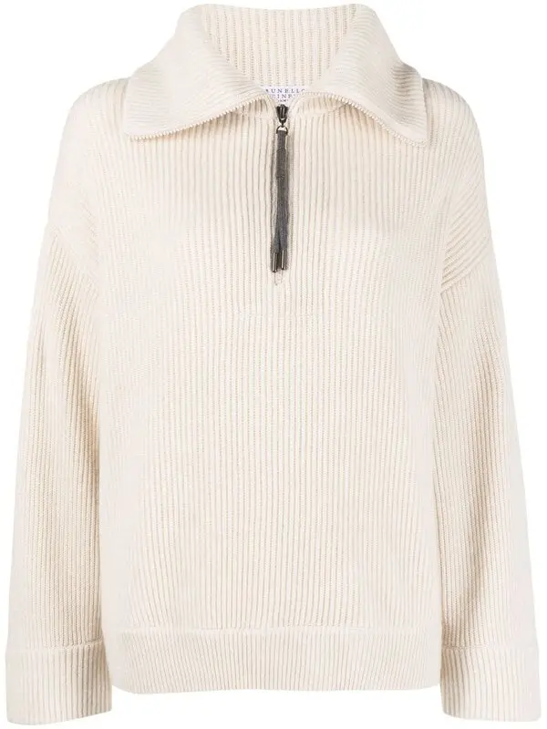 Brunello Cucinelli Pointed-flat Collar Long-sleeve Jumper - Neutrals