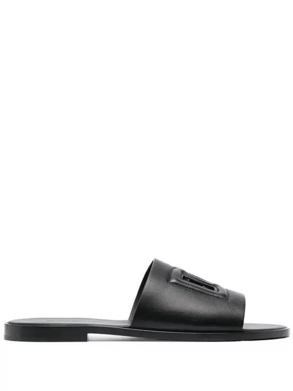 Dolce & Gabbana Embossed-logo Leather Slides - Black
