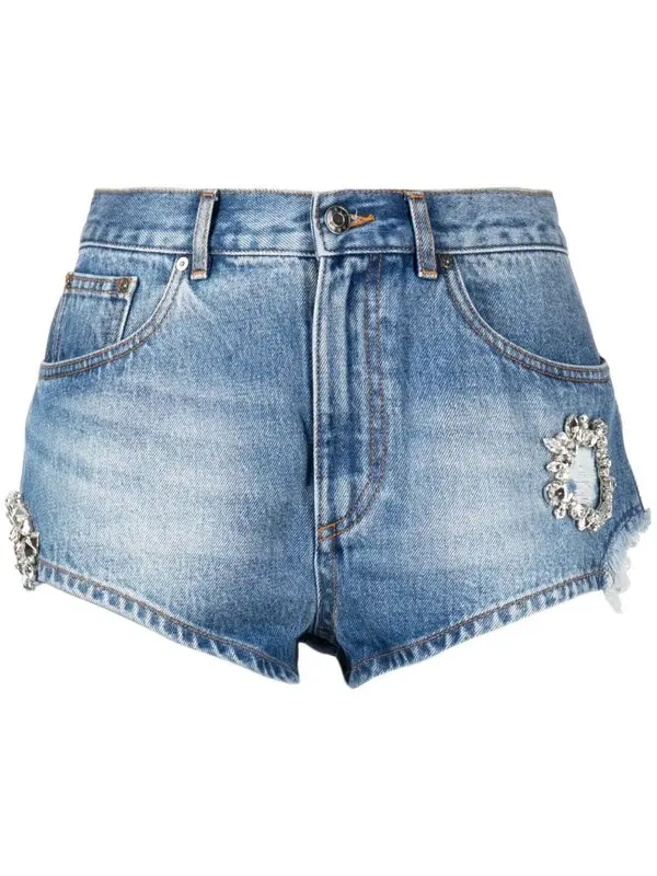 AREA Crystal-embellished Denim Mini Shorts - Blue