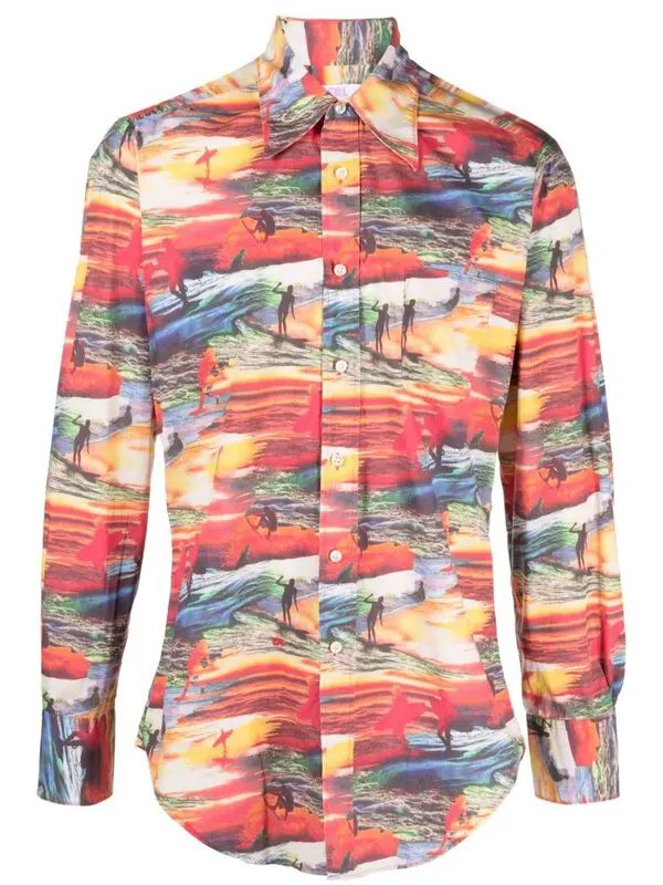 ERL Sunset-print Cotton Shirt - Red
