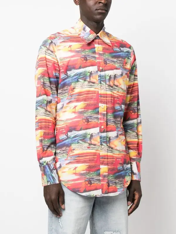 ERL Sunset-print Cotton Shirt - Red