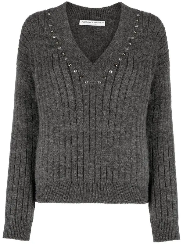 Alessandra Rich Stud-embellished Ribbed-knit Jumper - Grey