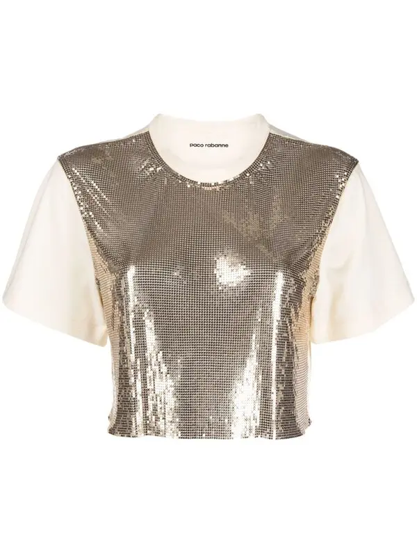 Rabanne Chainmail-panel Cropped T-shirt - Gold