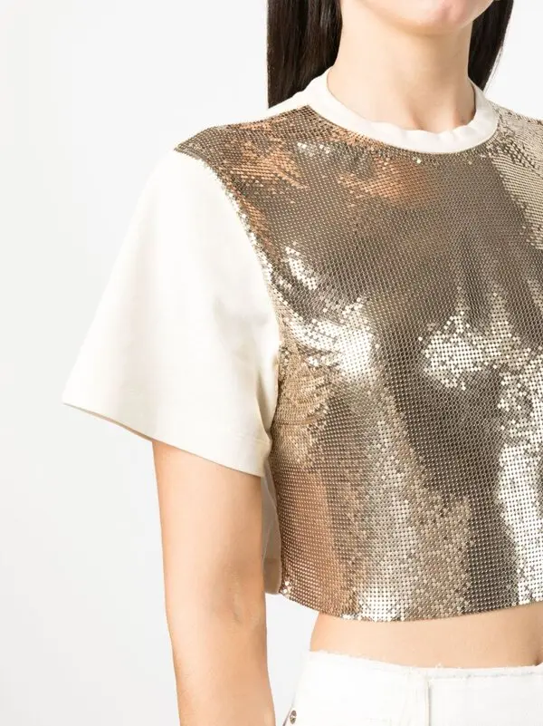 Rabanne Chainmail-panel Cropped T-shirt - Gold