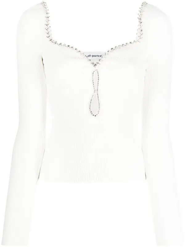 SELF-PORTRAIT Crystal-embellished Trim Top - White