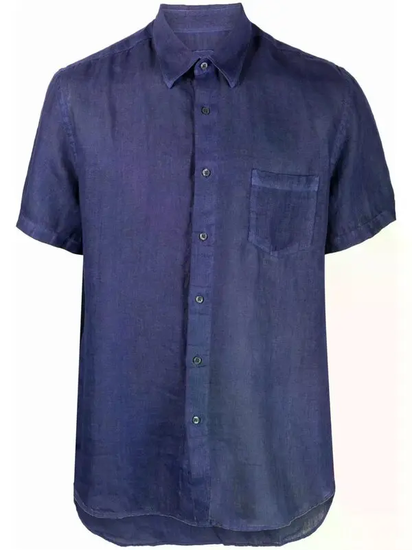 120% Lino Slub-texture Short-sleeved Linen Shirt - Blue