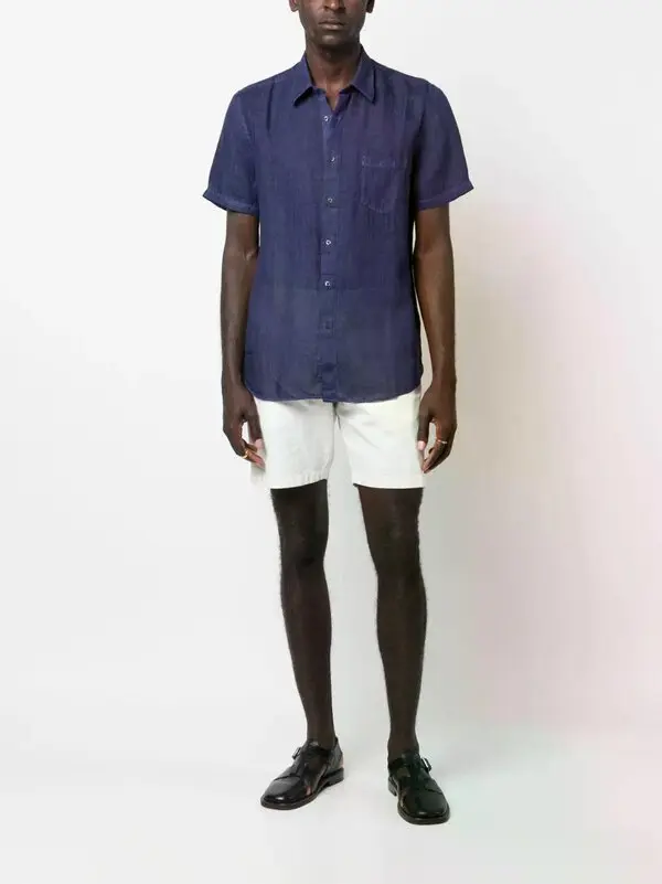 120% Lino Slub-texture Short-sleeved Linen Shirt - Blue