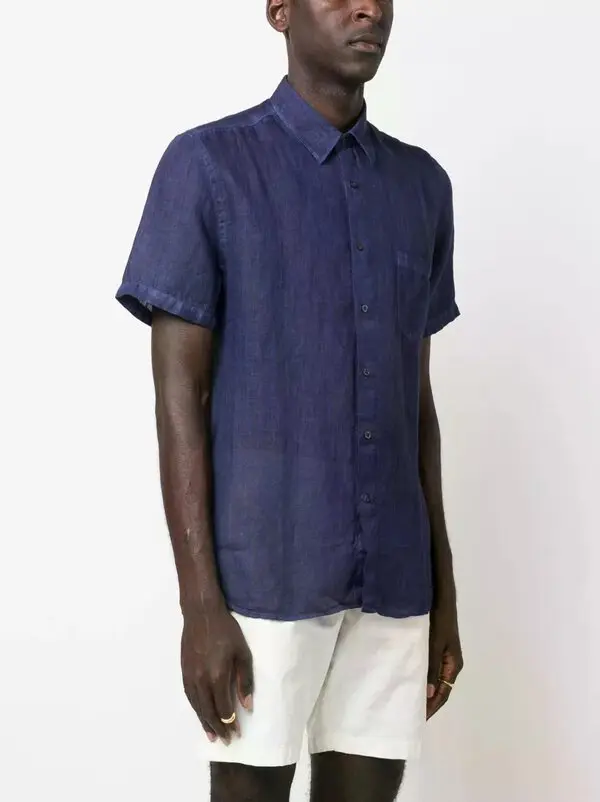 120% Lino Slub-texture Short-sleeved Linen Shirt - Blue