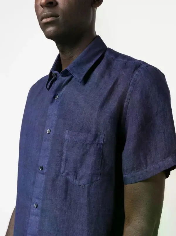 120% Lino Slub-texture Short-sleeved Linen Shirt - Blue