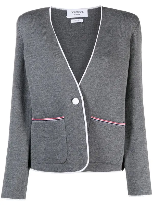 Thom Browne Contrasting-trim Collarless Jacket - Grey