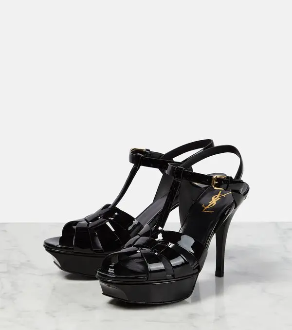 Saint Laurent Tribute 105 Patent Leather Platform Sandals - Black