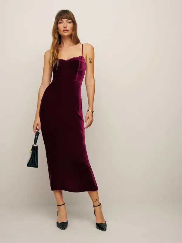 princess polly baby blue dress Reformation Pennington Midi Dress In Chianti Velvet - 50% Off