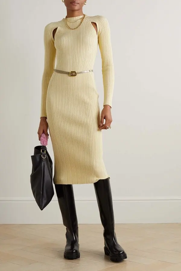 Cutout Ribbed-knit Midi Dress - Pastel Yellow