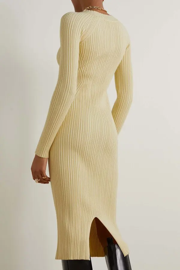 Cutout Ribbed-knit Midi Dress - Pastel Yellow