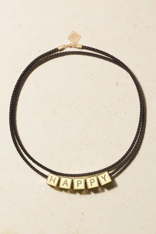 Lauren Rubinski 14-karat Enamel And Leather 'happy' Necklace - Gold