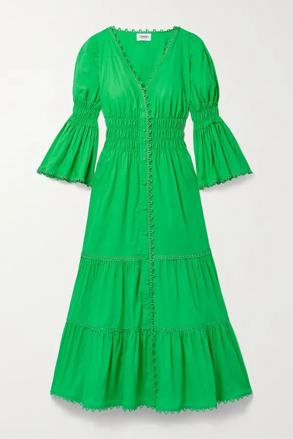 Charo Ruiz Ibiza Lipa Lace-Trimmed Shirred Cotton-Blend Poplin Maxi Dress  In Green - 50% Off | Editorialist