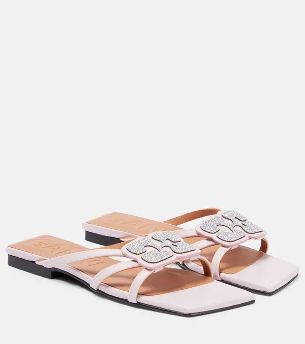 Ganni Embellished Faux Leather Sandals In Pink 50% Off
