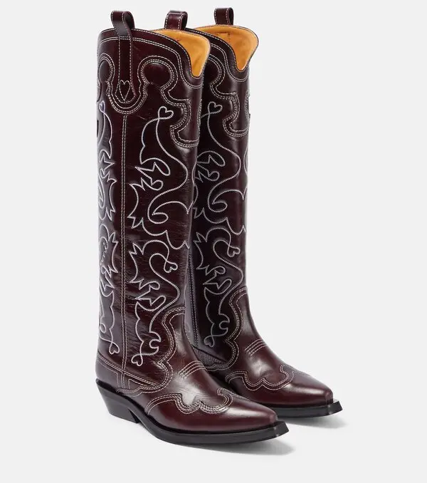 GANNI Embroidered Leather Cowboy Boots