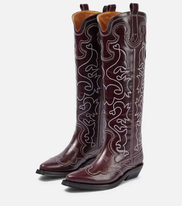 GANNI Embroidered Leather Cowboy Boots