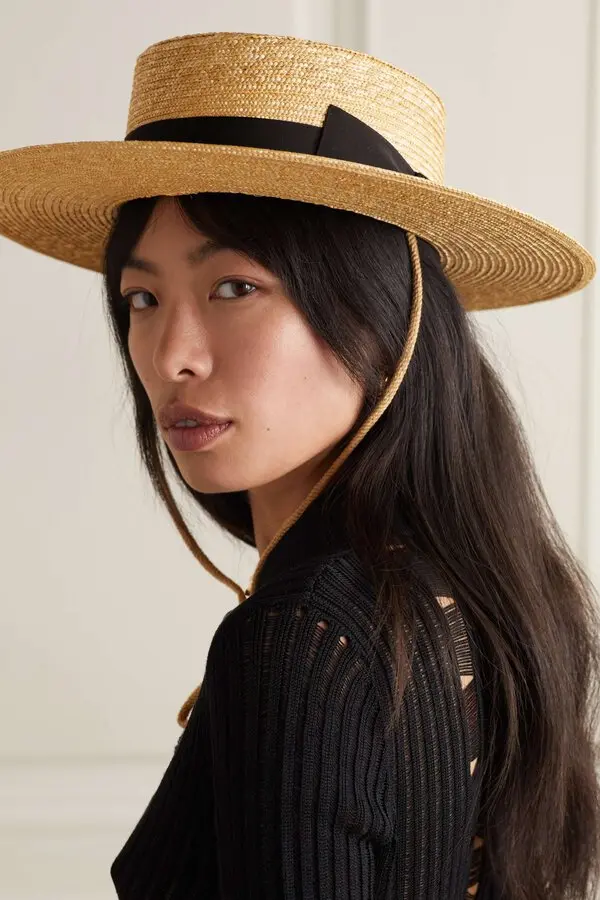 Gucci Alba Grosgrain-Trimmed Straw Boater Hat - Beige  display picture 1