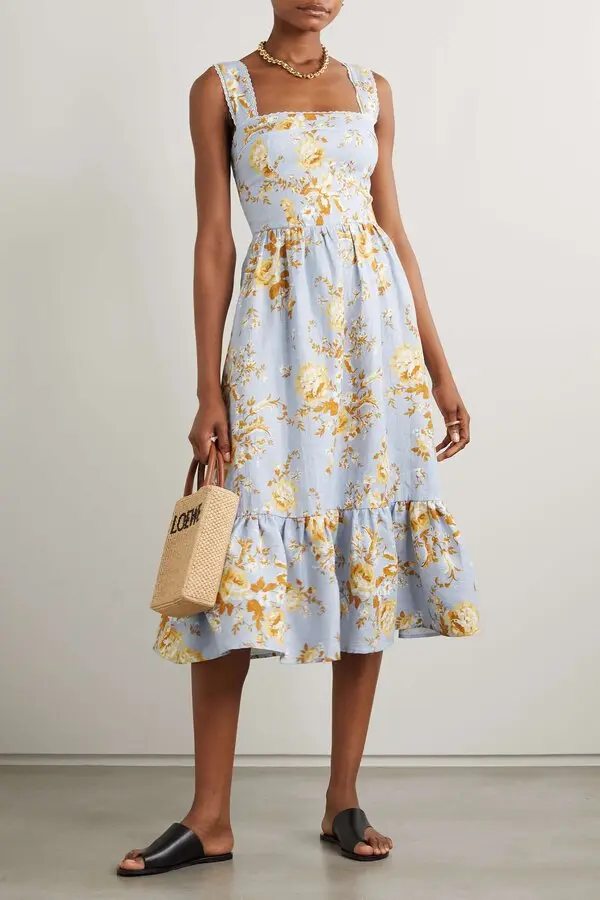 Reformation Rowen Lace-Trimmed Floral-Print Linen Midi Dress - Light Blue |  Editorialist