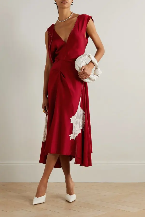 Victoria Beckham Draped Lace-AppliquD Satin Midi Dress In Red - 30% Off |  Editorialist
