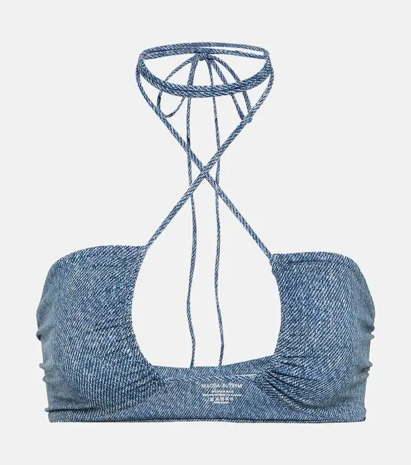 Magda Butrym Denim-printed Halterneck Bikini Top - Blue