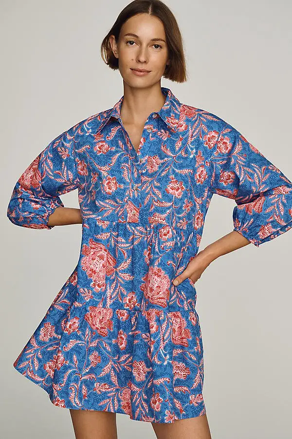 Maeve The Bettina Tiered Mini Shirt Dress - Blue Pattern
