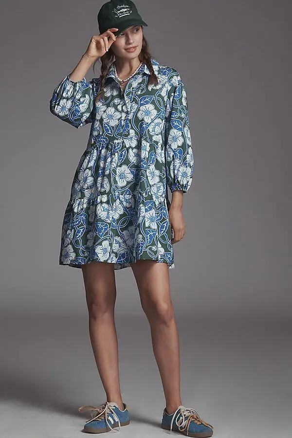 Maeve The Betta Tiered Mi Shirt Dress - Green Pattern