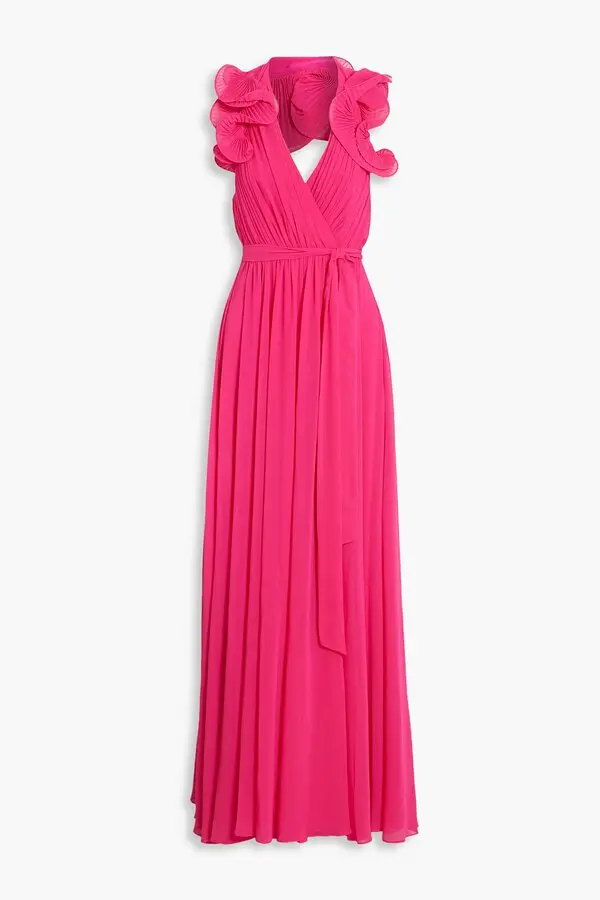 Badgley Mischka Pleated Chiffon Halterneck Maxi Dress In Fuchsia - 50% Off  | Editorialist