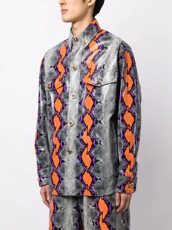 Versace Snake-Print Leather Shirt Jacket In Grey - 50% Off