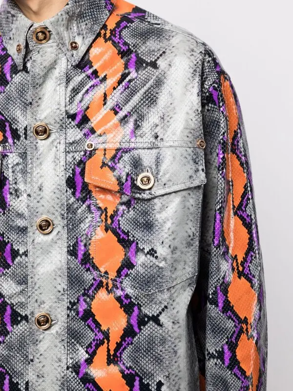 Versace Snake-Print Leather Shirt Jacket In Grey - 50% Off