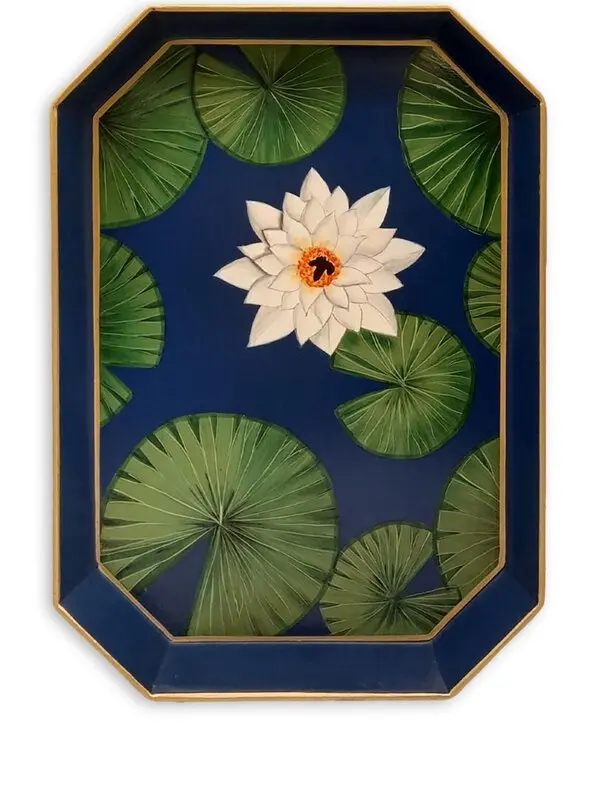 LES-OTTOMANS Flowers Hand-painted Iron Tray - Blue