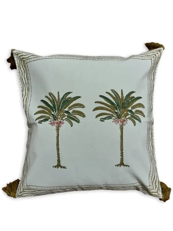 LES-OTTOMANS Palms Hand-printed Cushion - Blue