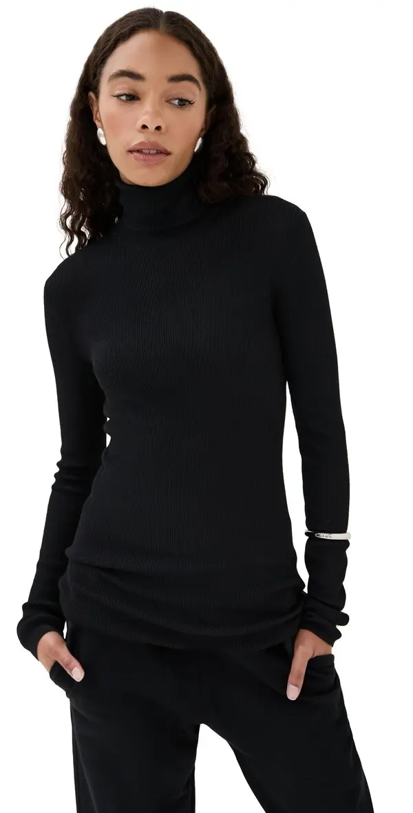 Tibi Feather Weight Ribbed Turtleneck Pullover - Black