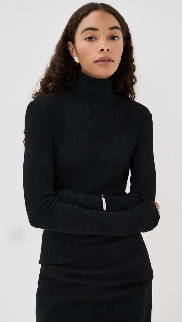 Tibi Feather Weight Ribbed Turtleneck Pullover - Black