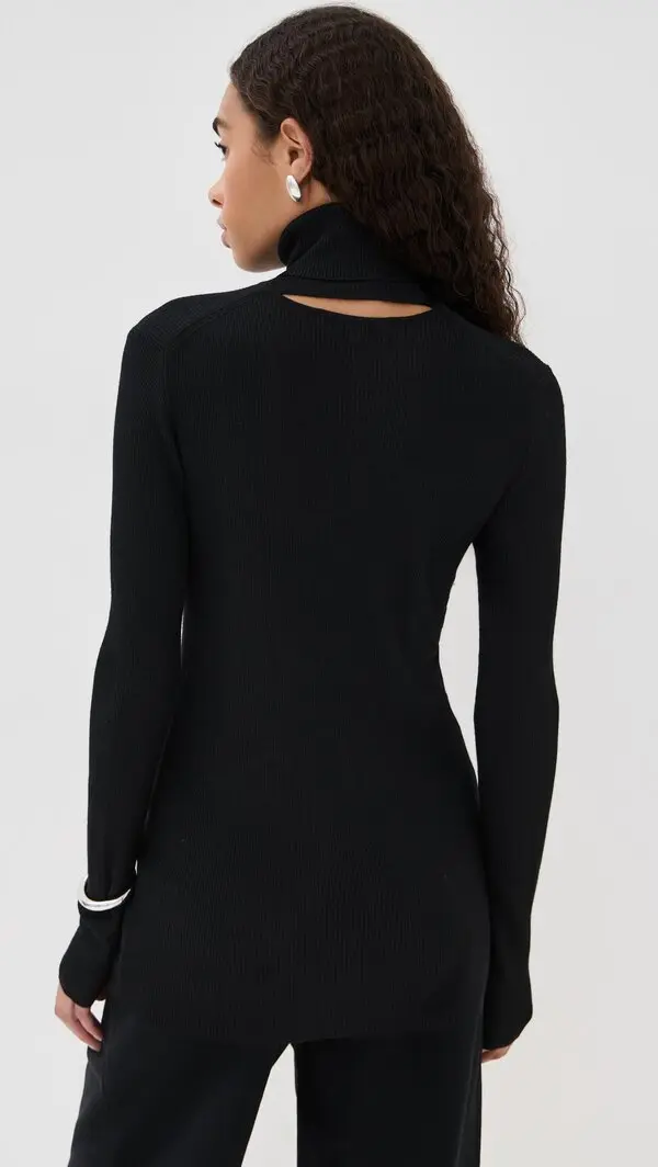 Tibi Feather Weight Ribbed Turtleneck Pullover - Black