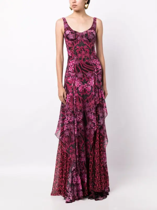 Versace Orchid Barocco-print Ruffled Silk Dress
