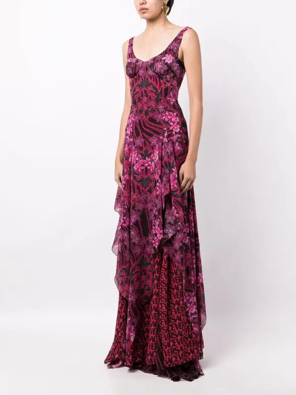 Versace Orchid Barocco-print Ruffled Silk Dress