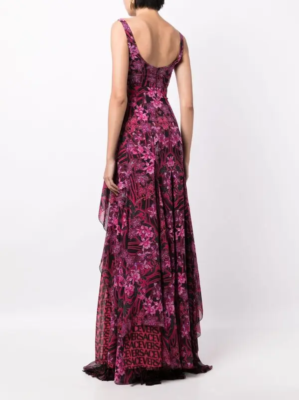Versace Orchid Barocco-print Ruffled Silk Dress