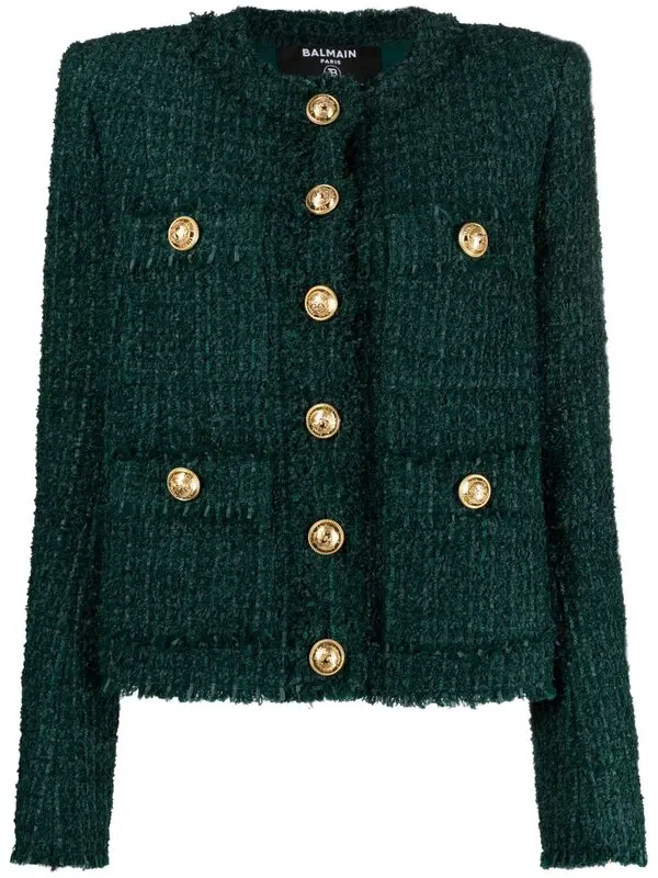 Balmain Single-breasted Tweed Jacket - Green